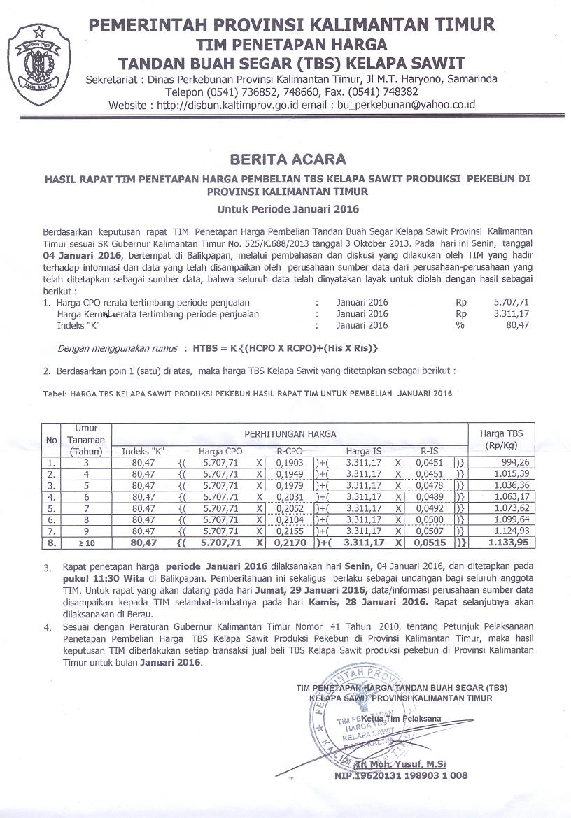 Informasi Harga TBS Kelapa Sawit Bulan Januari 2016